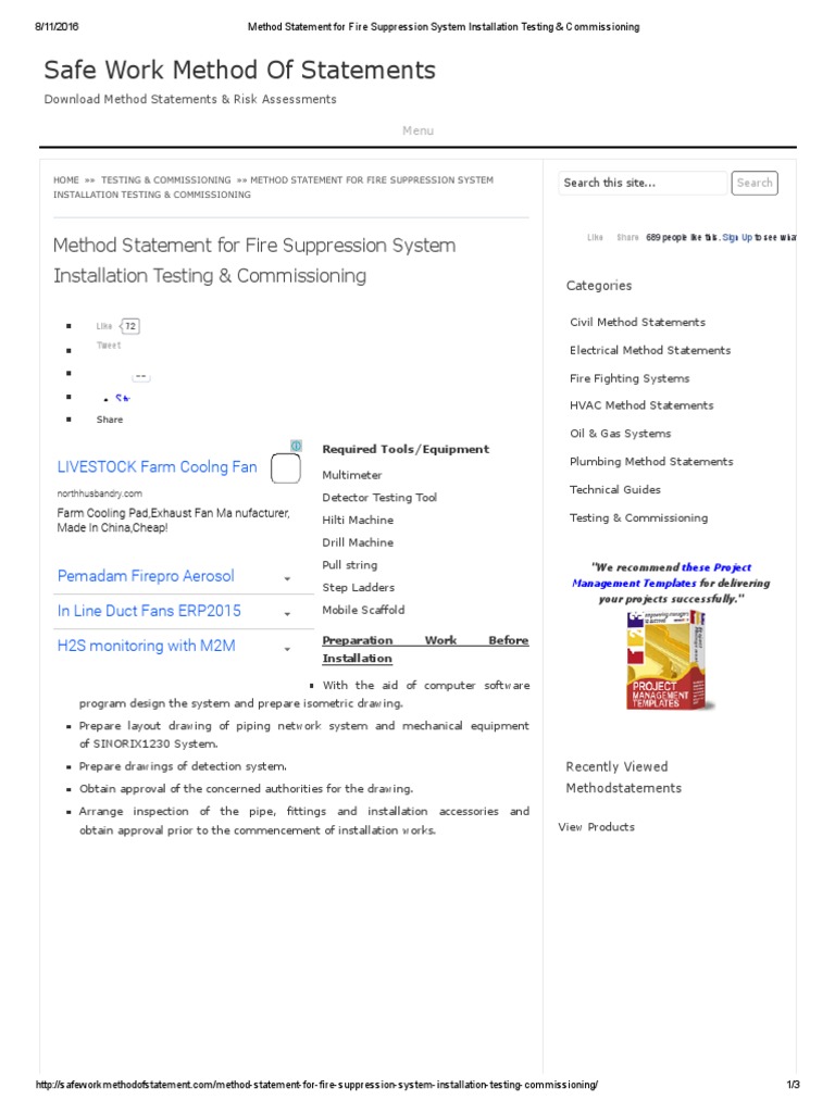 Method Statement For Fire Suppression System Installation Testing