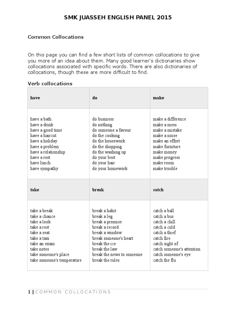 List 1 Common Collocations | PDF | Language Arts & Discipline | Foreign ...