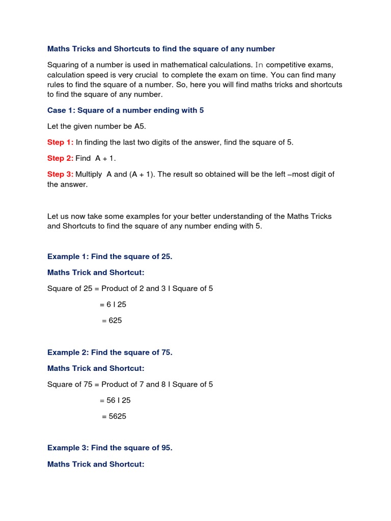 Maths Tricks and Shortcuts To Find The Square of Any Number | PDF ...