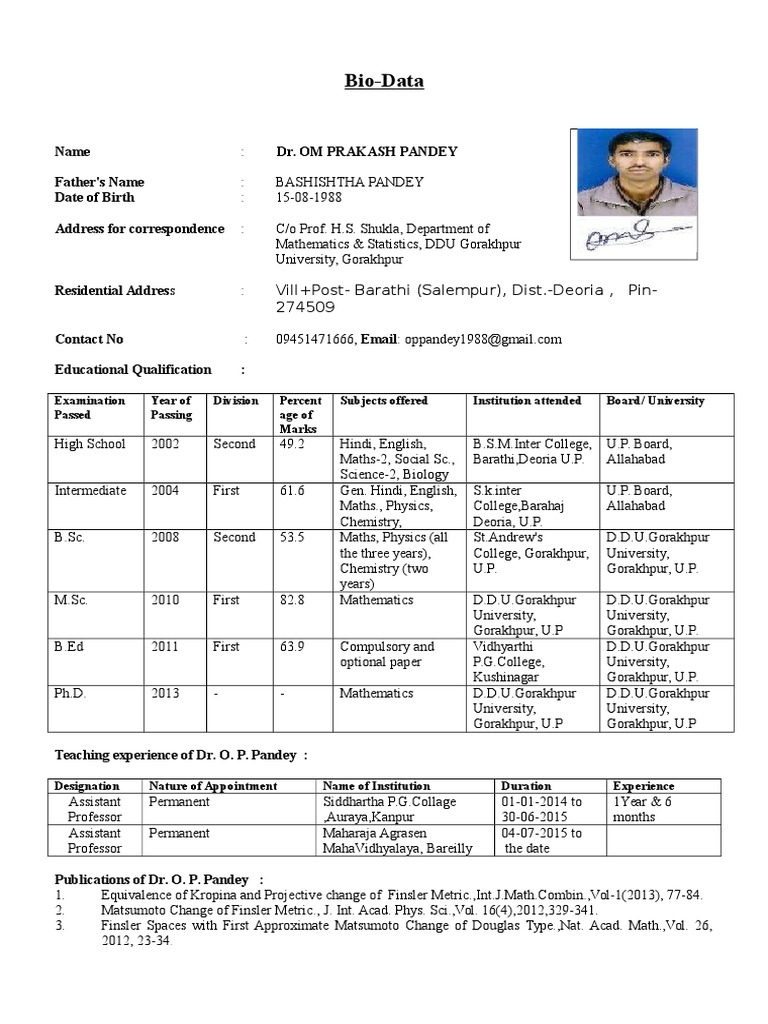 BioDATA of O.P.pandey | PDF | Differential Geometry | Mathematical Analysis