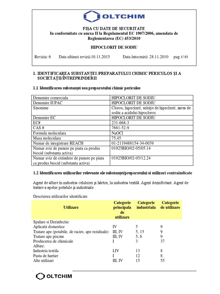 Hipoclorit de Sodiu_Fisa Tehnica de Securitate