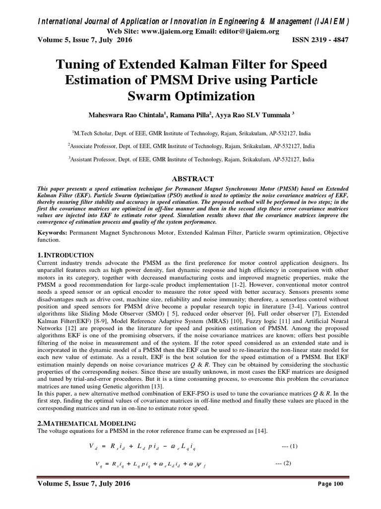 Tuning of Extended Kalman Filter For Speed Estimation of PMSM Drive Using Particle Swarm ...