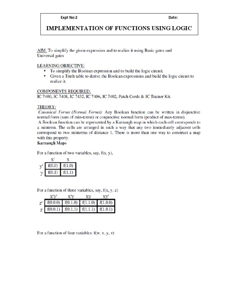 Implementation of Functions Using Logic Gates: Expt No:2 Date | PDF Implementation of Functions Using Logic Gates: Expt No:2 Date | PDF