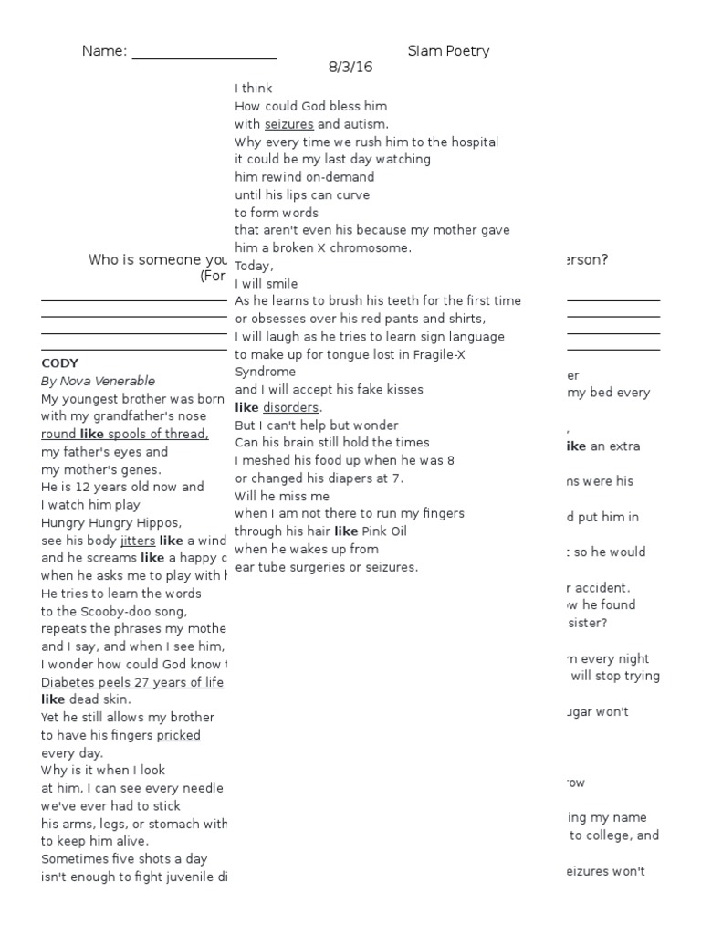 Slam Poetry Handout | PDF | Senses | Poetry