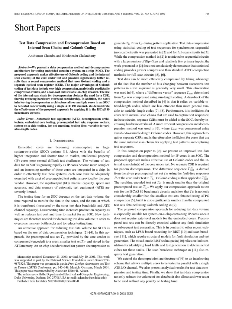Short Papers: Test Data Compression and Decompression Based On Internal ...