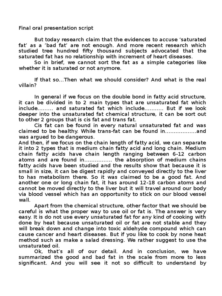 True Final Oral Presentation Script | PDF | Fat | Saturated Fat