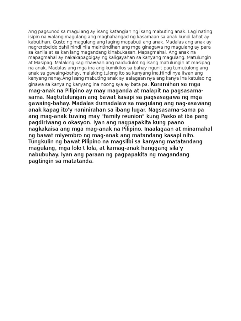 Ang Pagsunod Sa Magulang Ay Isang Katangian NG Isang Mabuting Anak | PDF