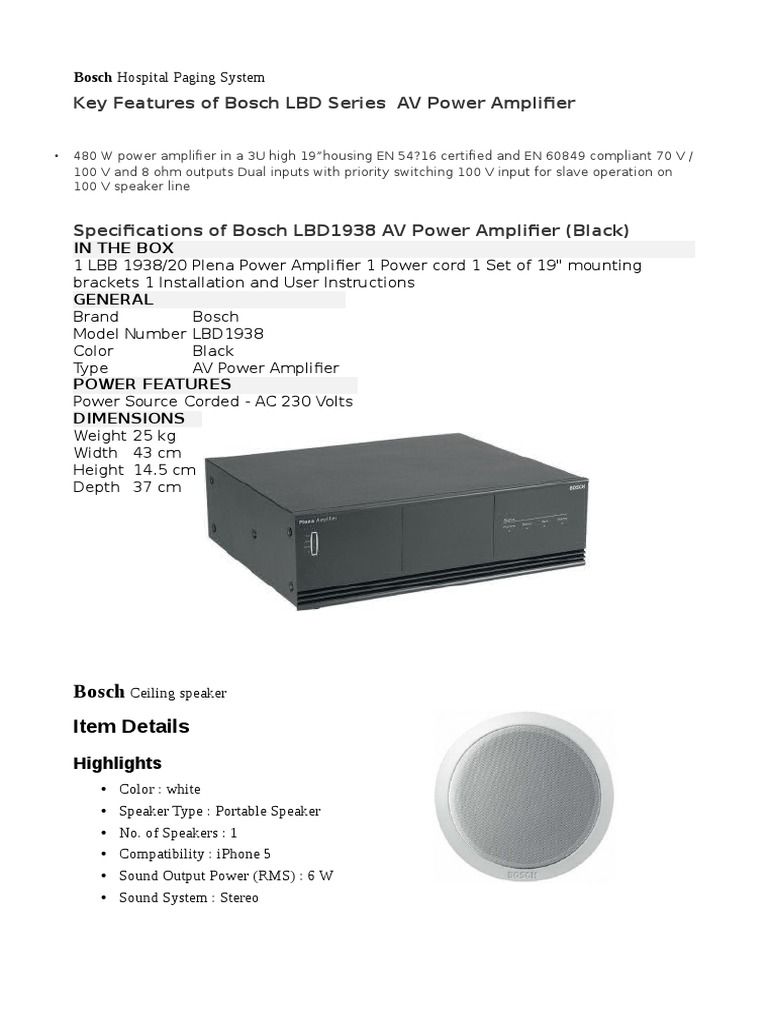 Bosch LBD1938 AV Power Amplifier Specs | PDF