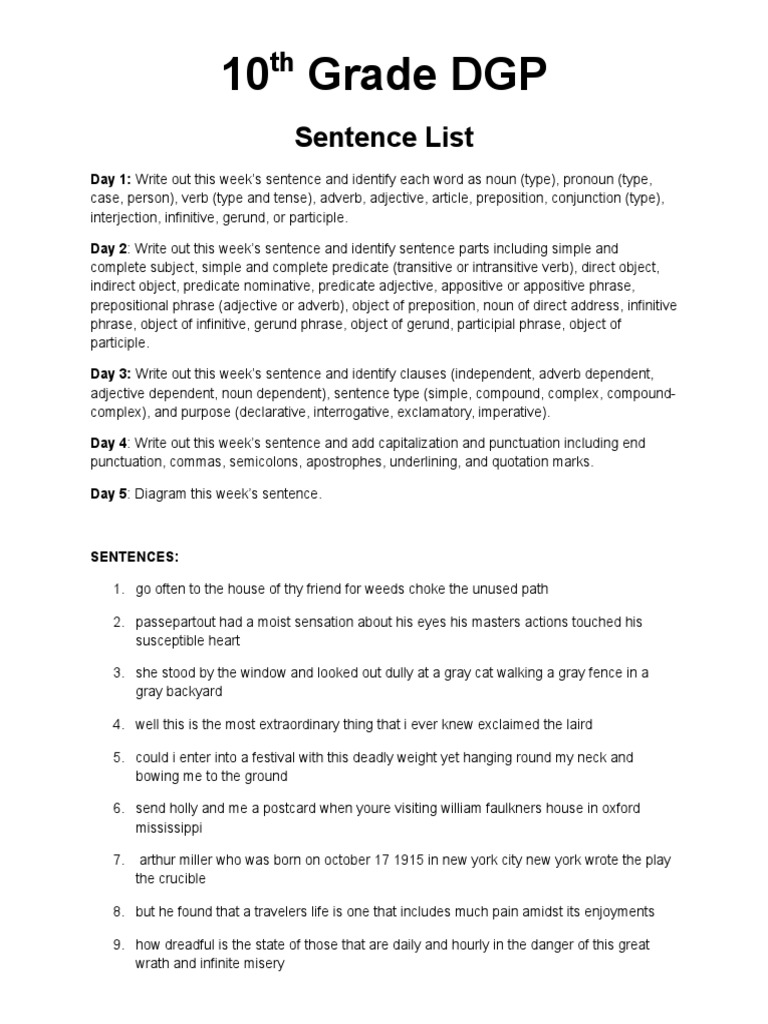 10th Grade DGP - Sentence List | PDF
