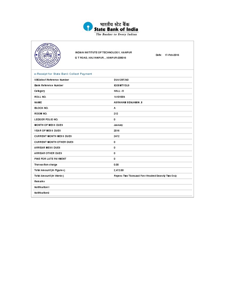 IIT Kanpur Mess Dues Receipt | PDF