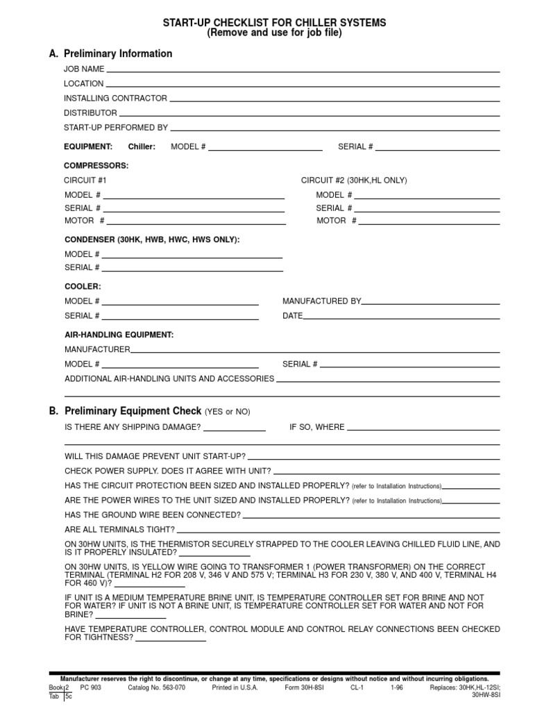 Start-Up Checklist For Chiller Systems | PDF