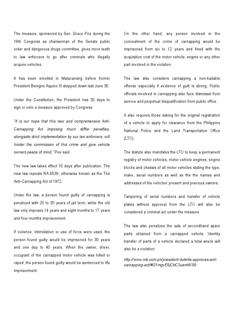 The New Anti Carnapping Law 2016 | PDF | Vehicles | Crime & Violence