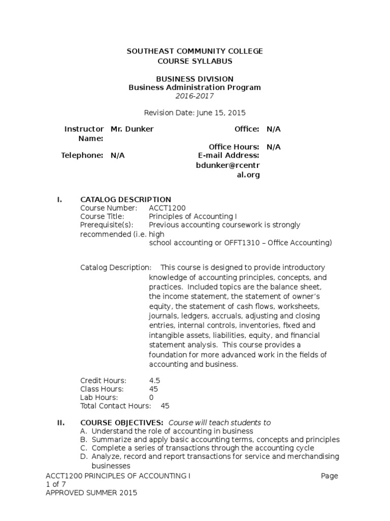 Principles of Accounting I Syllabus | PDF | Inventory | Balance Sheet