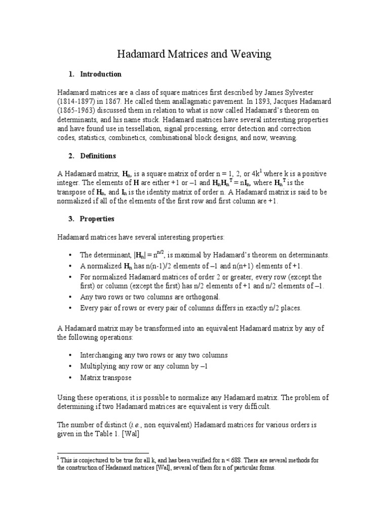 Hadamard Matrices and Weaving | PDF | Determinant | Matrix (Mathematics)