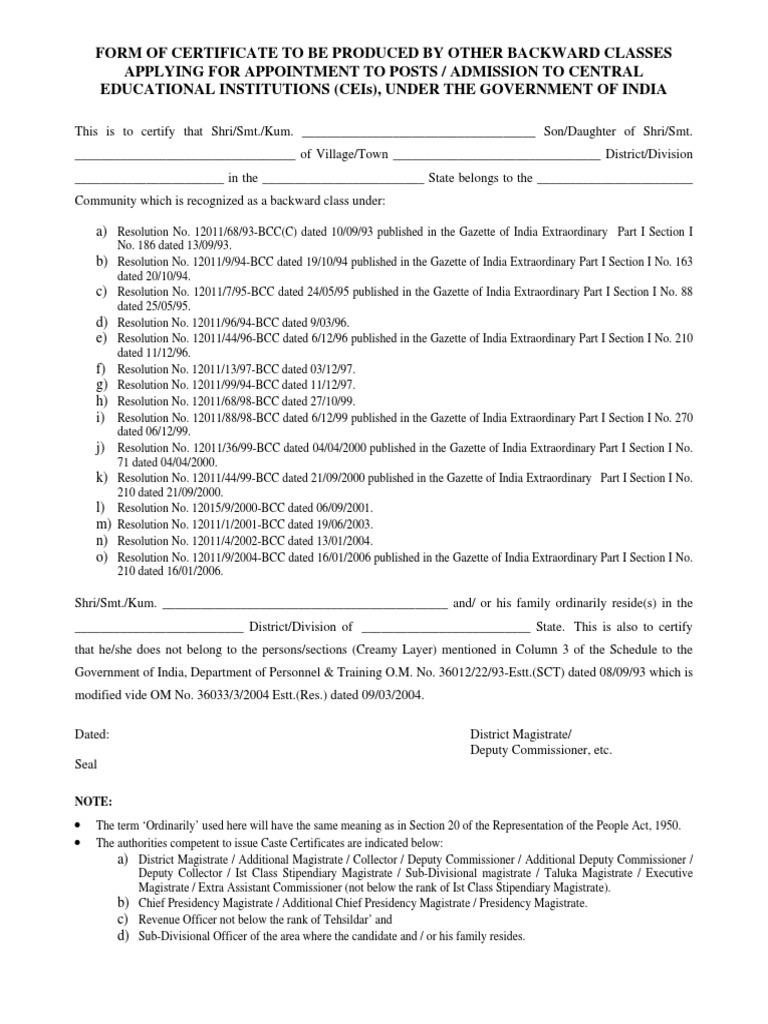 OBC Certificate Form for Government Posts | PDF | Magistrate | Government Of India