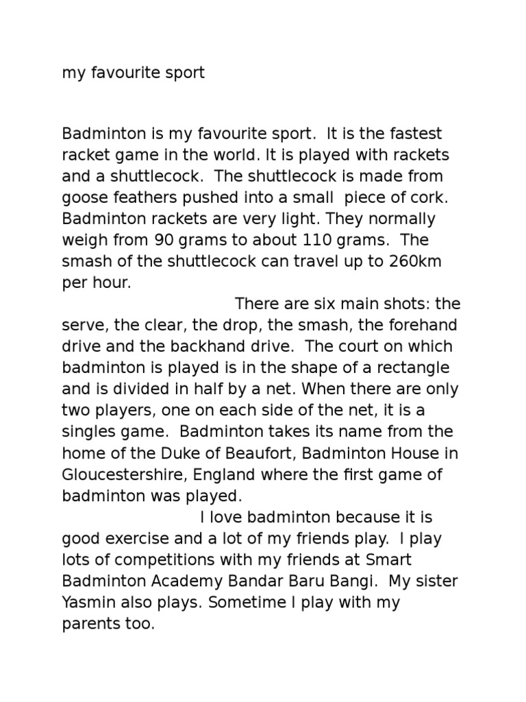 Badminton Is My Favourite Sport Kid Essay | PDF | Hobbies | Physical ...