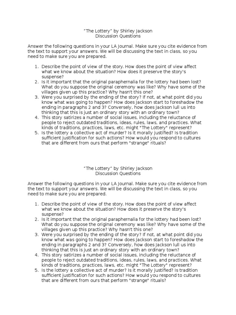 The Lottery Discussion Questions | PDF | Theory Of Justification ...