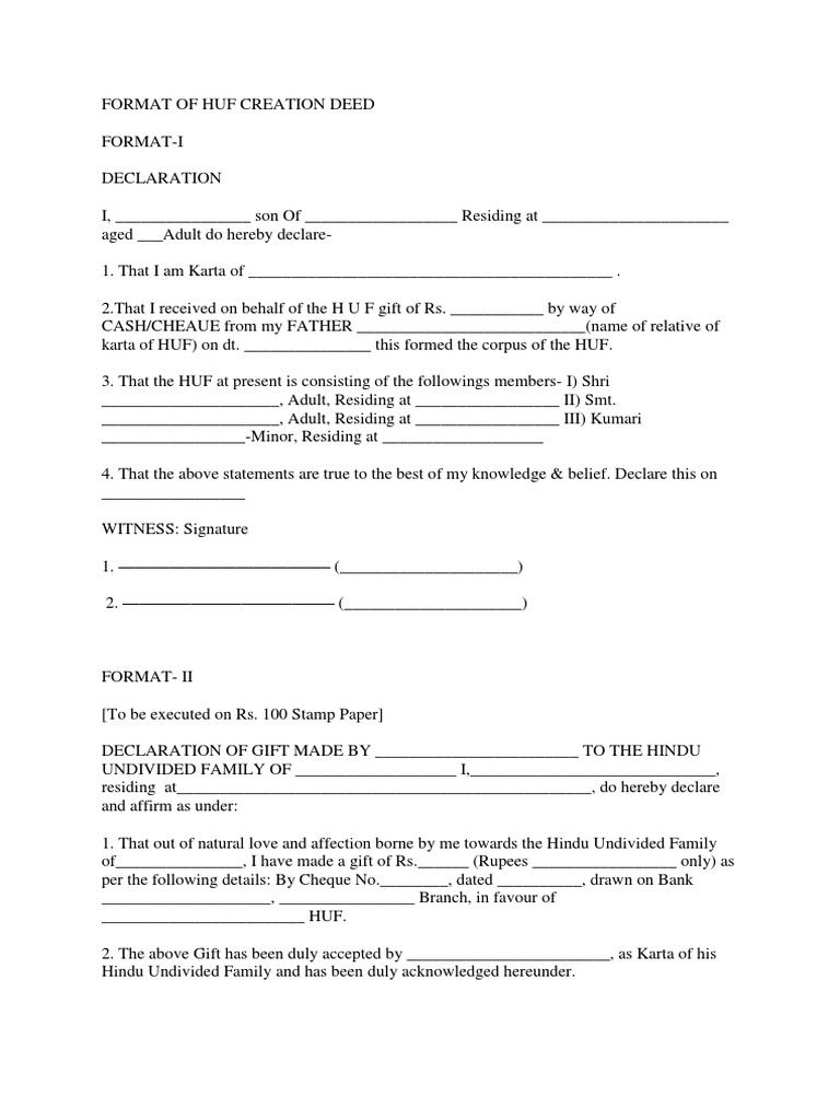 HUF Creation Deed Format Guide | PDF | Career & Growth | Finance ...