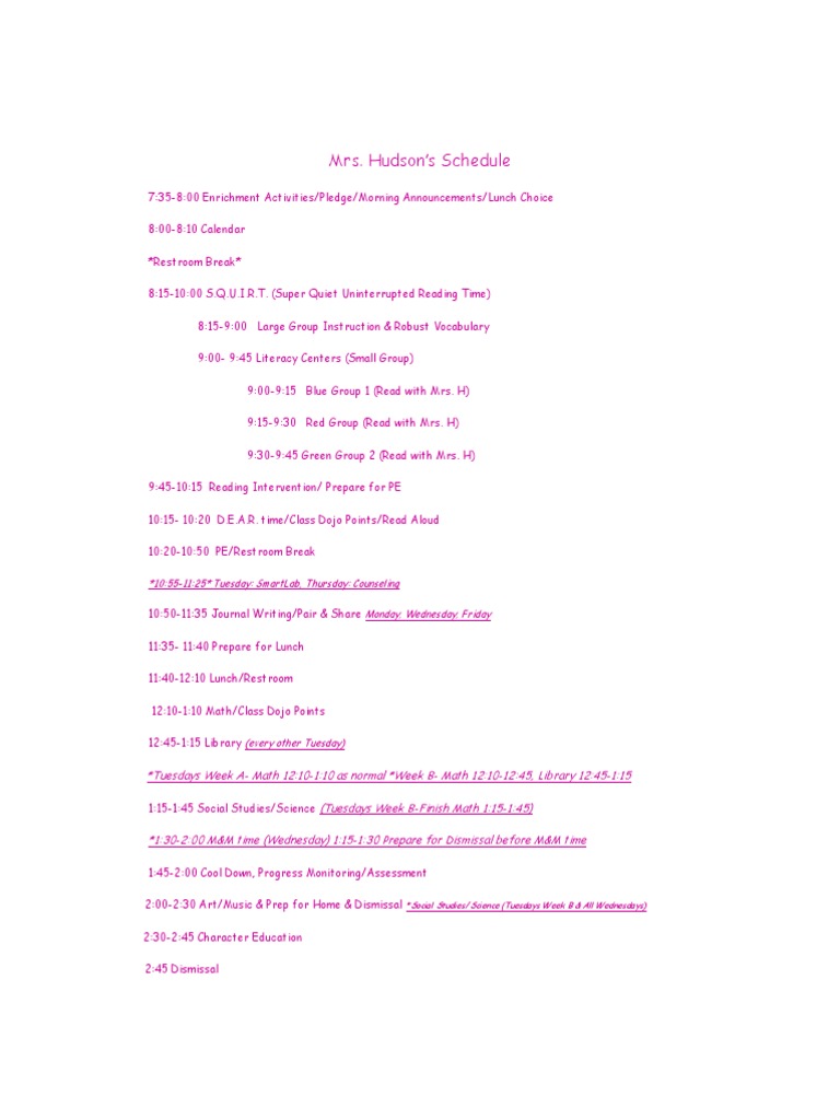 Mrs. Hudson's Daily Class Schedule | PDF | Language Arts & Discipline ...