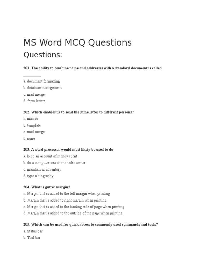 MS Word MCQ Questions Guide | PDF | Microsoft Excel | Microsoft Word