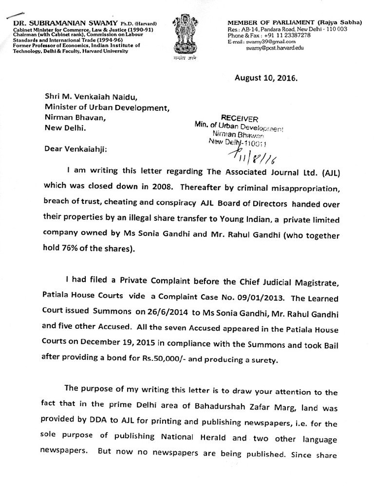 Subramanian Swamy Letter To UrbanDevelopmentMinister On National Herald ...