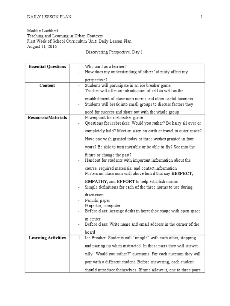 Educ 554 Daily Lesson Plan | PDF | Lesson Plan | Classroom