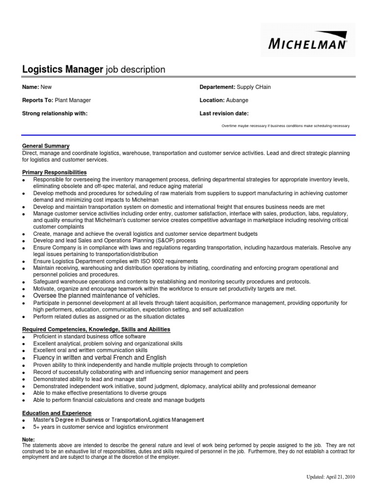 Logistics Manager Job Description | PDF | Logistics | Supply Chain