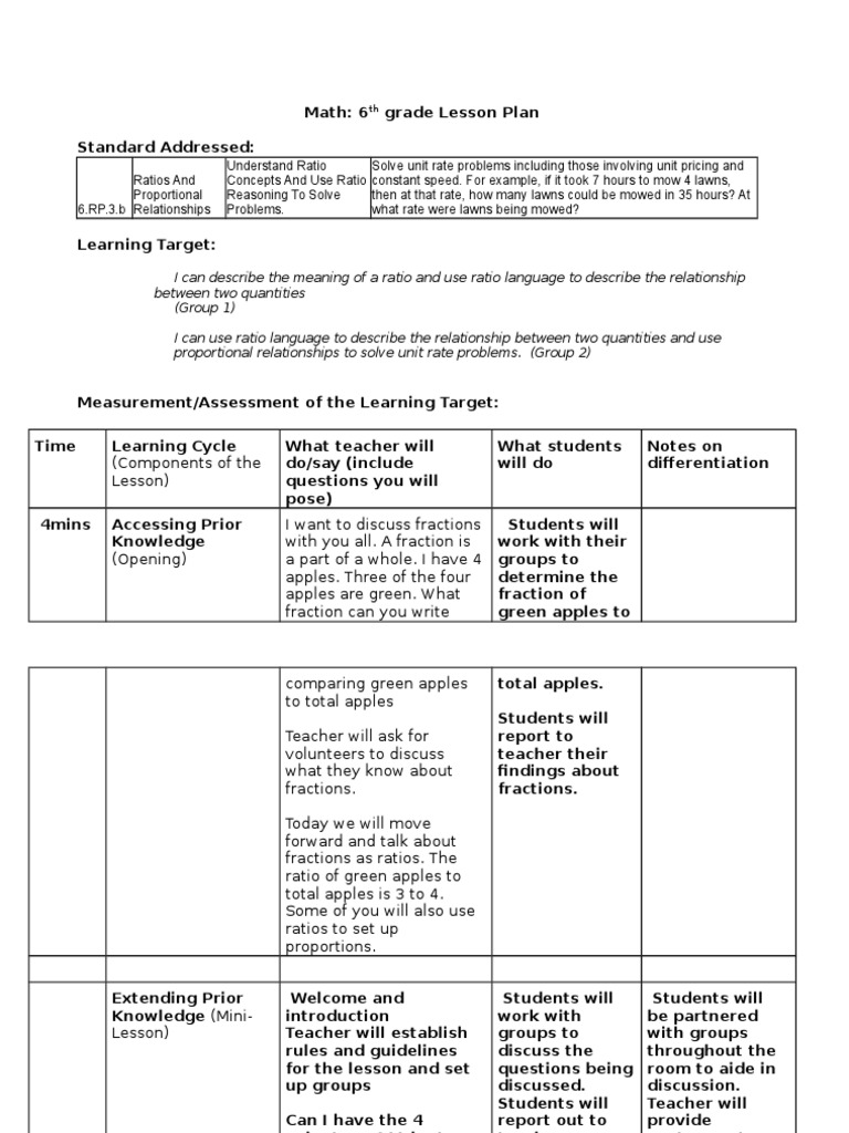 6th Grade Math Lesson Plan | PDF | Ratio | Classroom Management