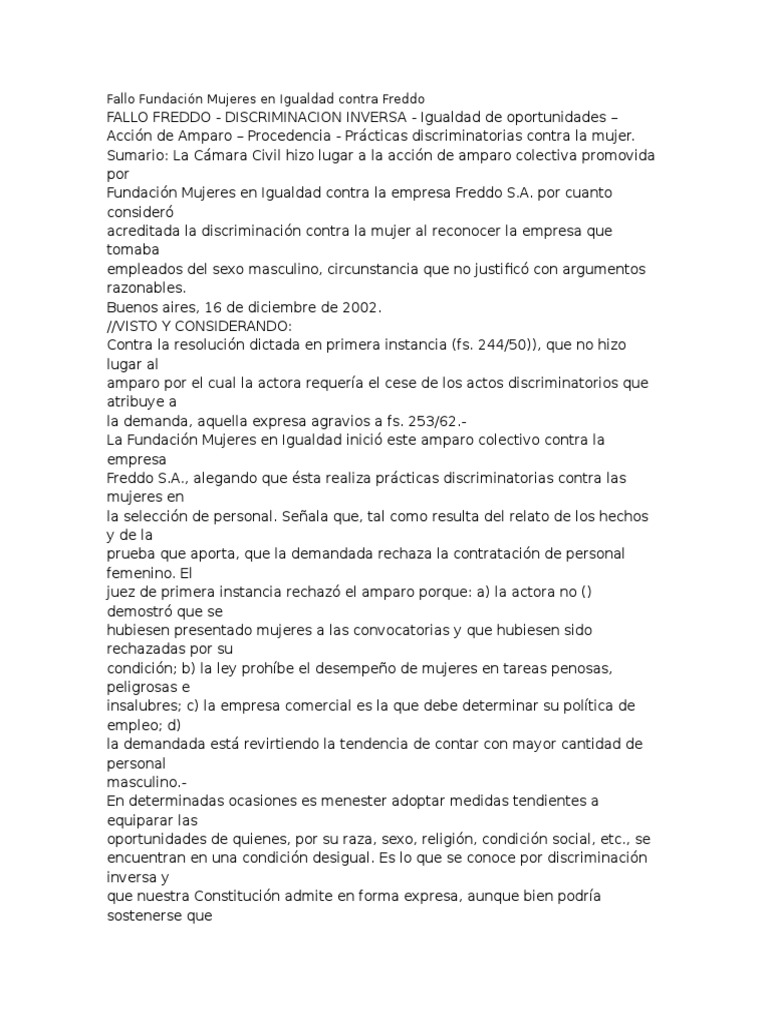 Fallo Fundación Mujeres en Igualdad Contra Freddo | PDF | Discriminación | Mujer
