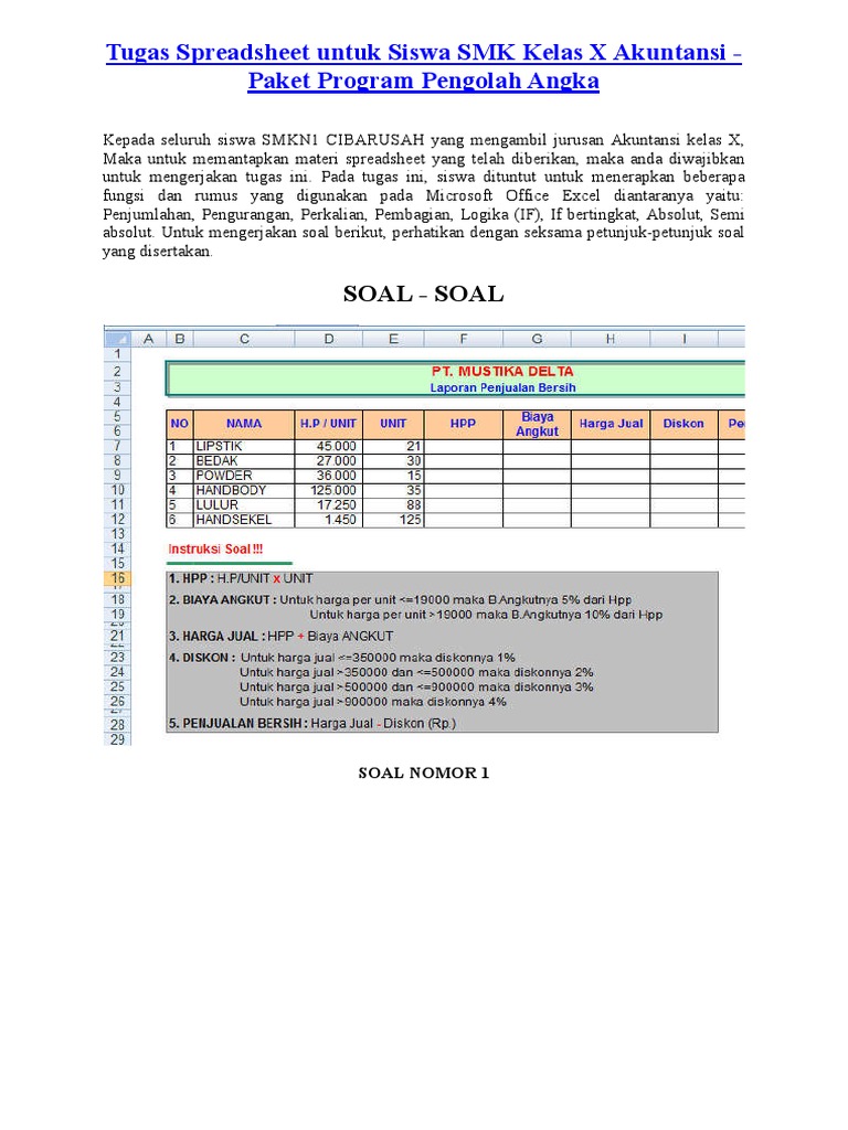 Tugas Spreadsheet Untuk Siswa SMK Kelas X Akuntansi | PDF | Metode & Bahan Ajar