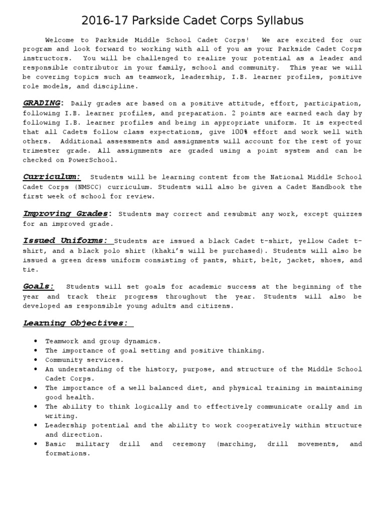 Cadet Corps Syllabus 2016-2017 | PDF