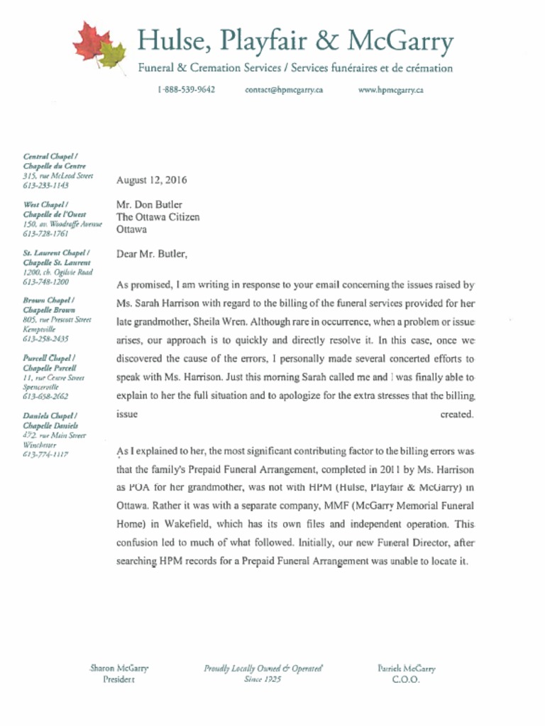 Funeral Home Letter Re: Sarah Harrison | PDF