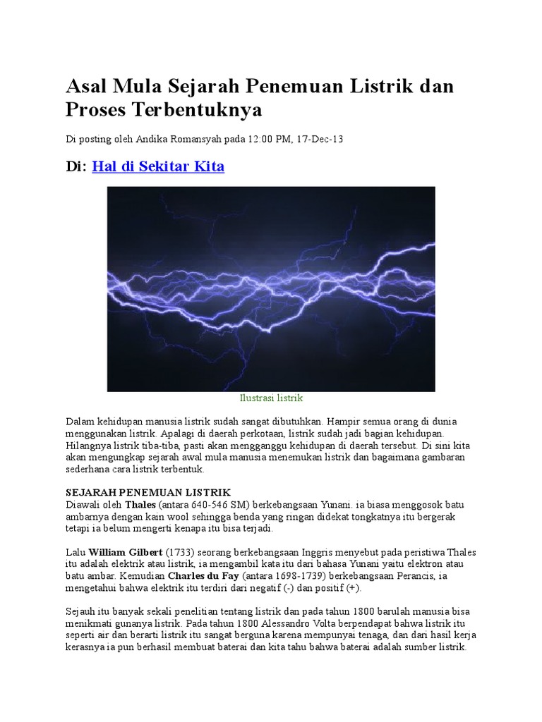 Asal Mula Sejarah Penemuan Listrik Dan Proses Terbentuknya | PDF