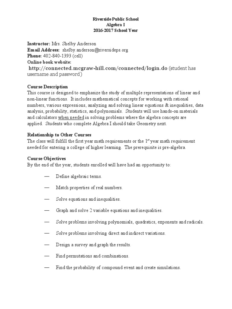 Riverside Algebra I Course Overview | PDF | Algebra | Homework