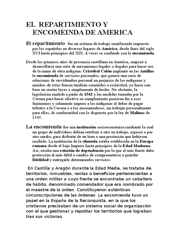El Repartimiento y Encomeinda de America | PDF | Colonización de las ...