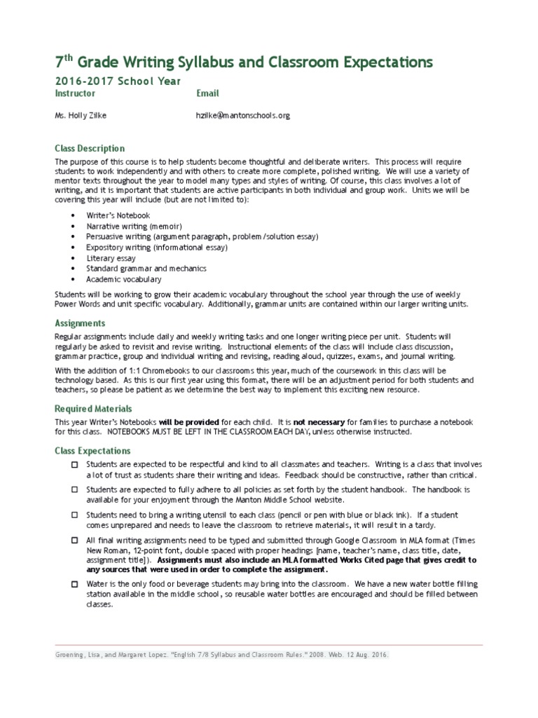 7th Grade Writing Syllabus and Classroom Rules | PDF | Homework | Test ...