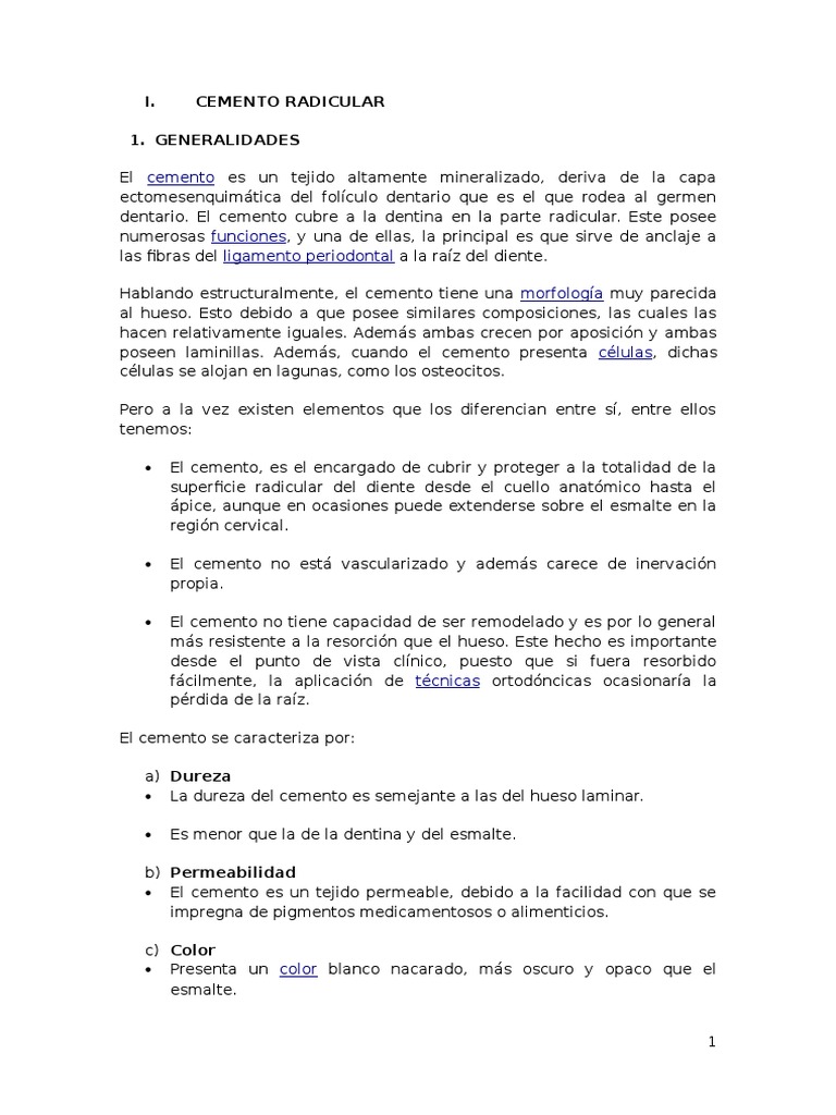Tipos y funciones del cemento radicular | PDF | Hueso | Diente humano