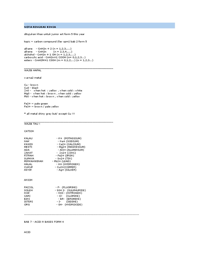 Nota Ringkas Kimia | PDF | Salt (Chemistry) | Hydroxide