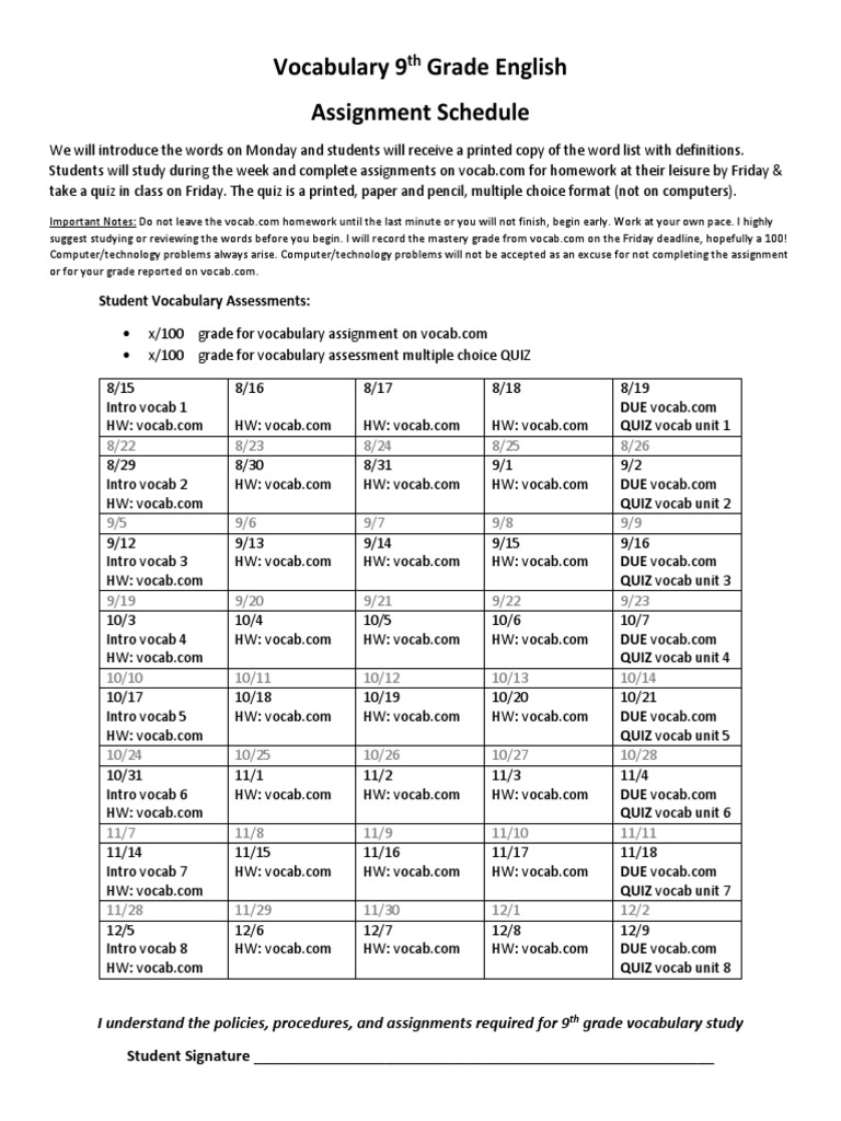 Vocabulary Schedule 9th Grade English | PDF | Language Arts & Discipline