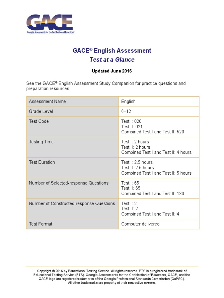 Gace English Assessment: Test at A Glance | PDF | Educational ...