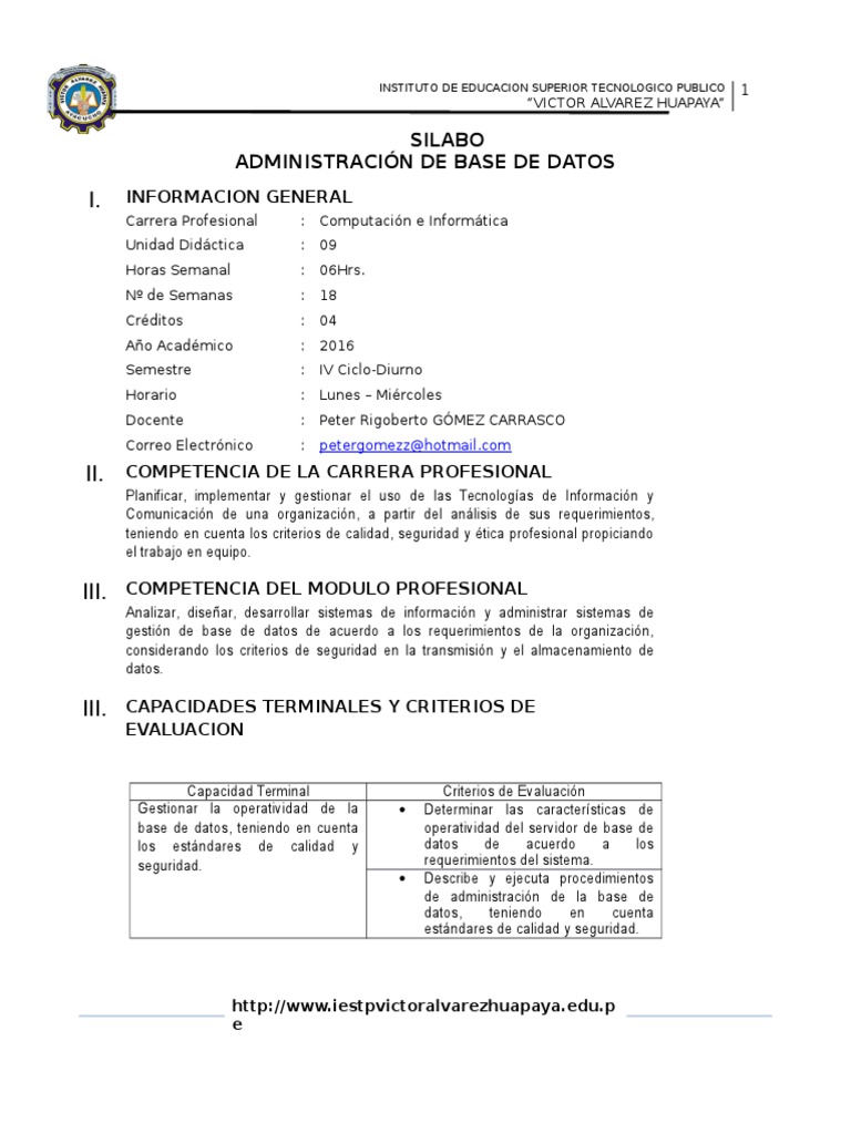 Syllabus de Administracion de Base de Datos | PDF | SQL | Bases de datos