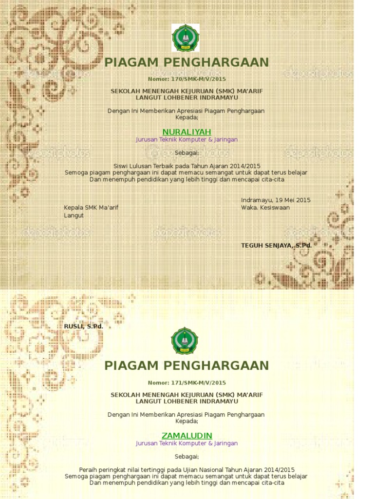 Piagam Penghargaan Siswa Terbaik. | PDF