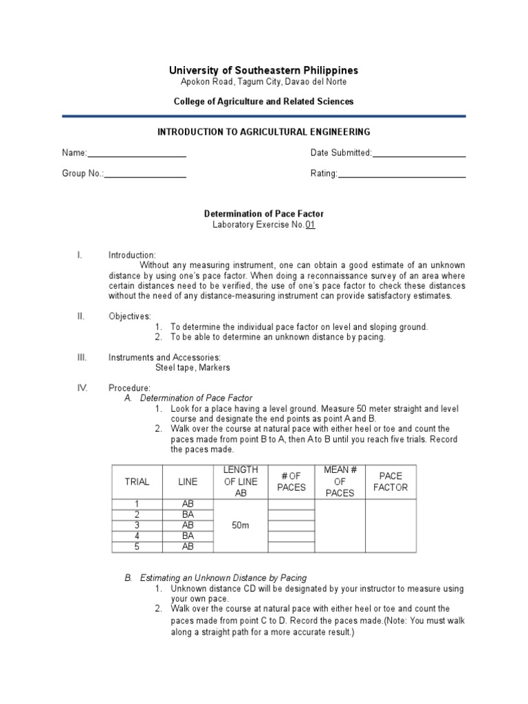 Exer 1 Determination of Pace Factor | Distance | Scientific Observation