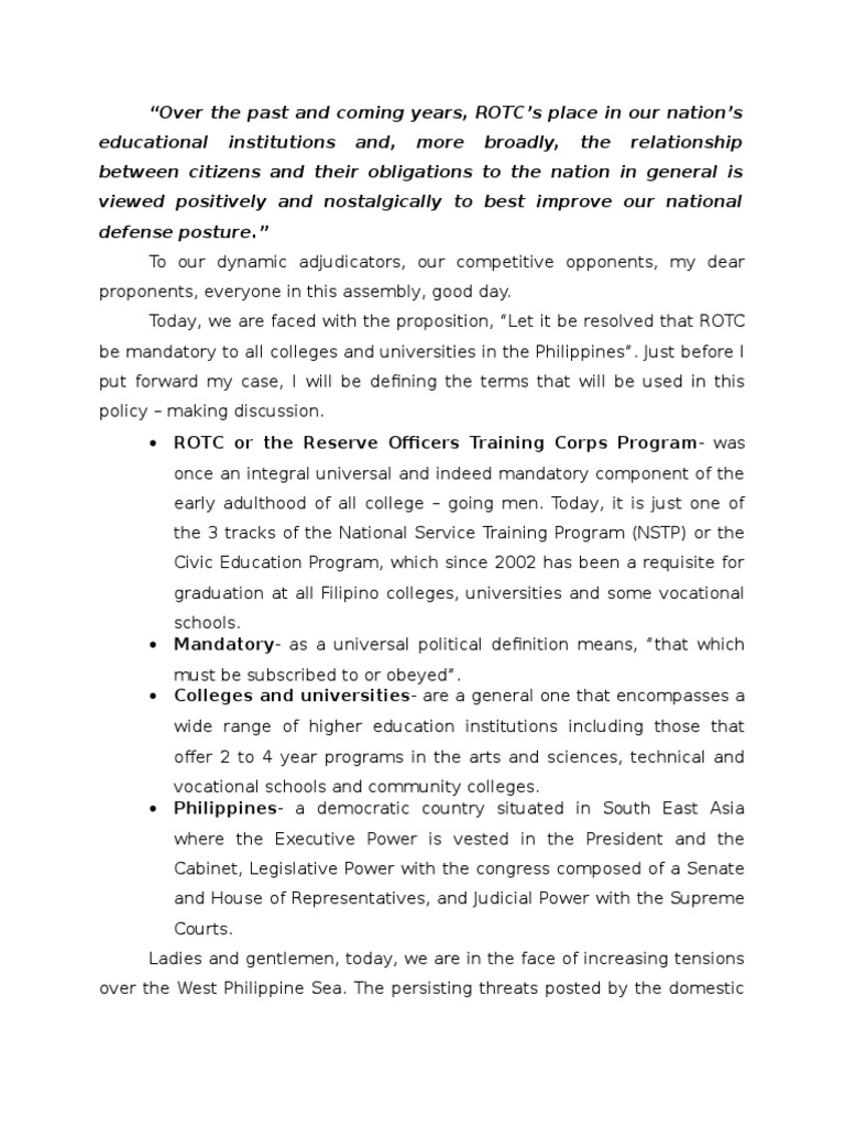 Necessity Speech About ROTC | PDF | Reserve Officers' Training Corps | Citizenship