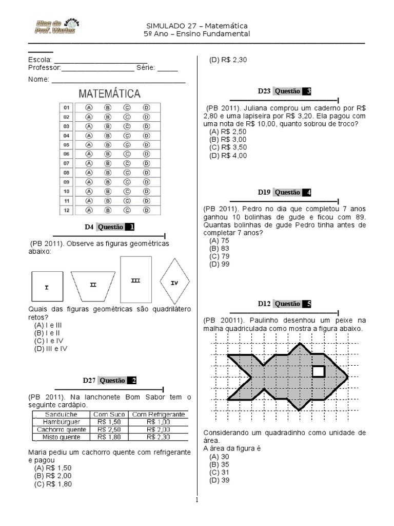 Simulado 27 (Mat. 5º Ano) - Blog Do Prof. Warles | Formas Geométricas ...