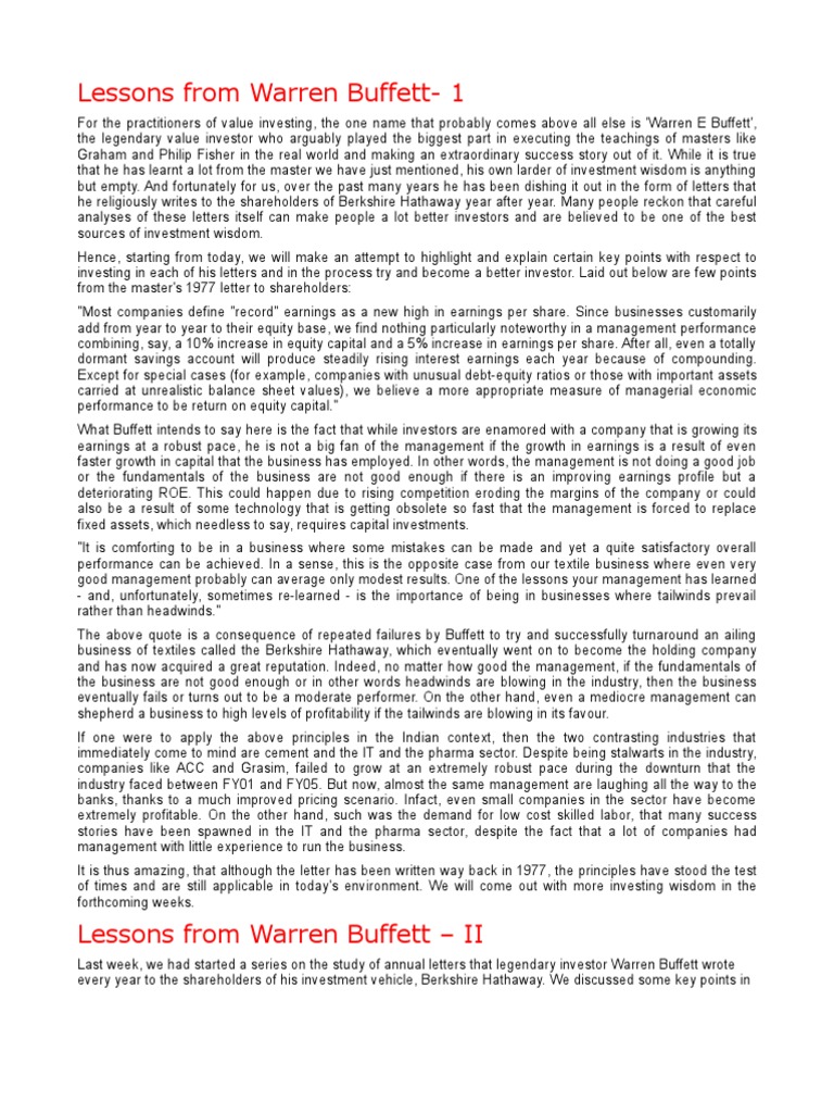 Warren Buffet Letters To Shareholders | PDF | Value Investing | Warren ...