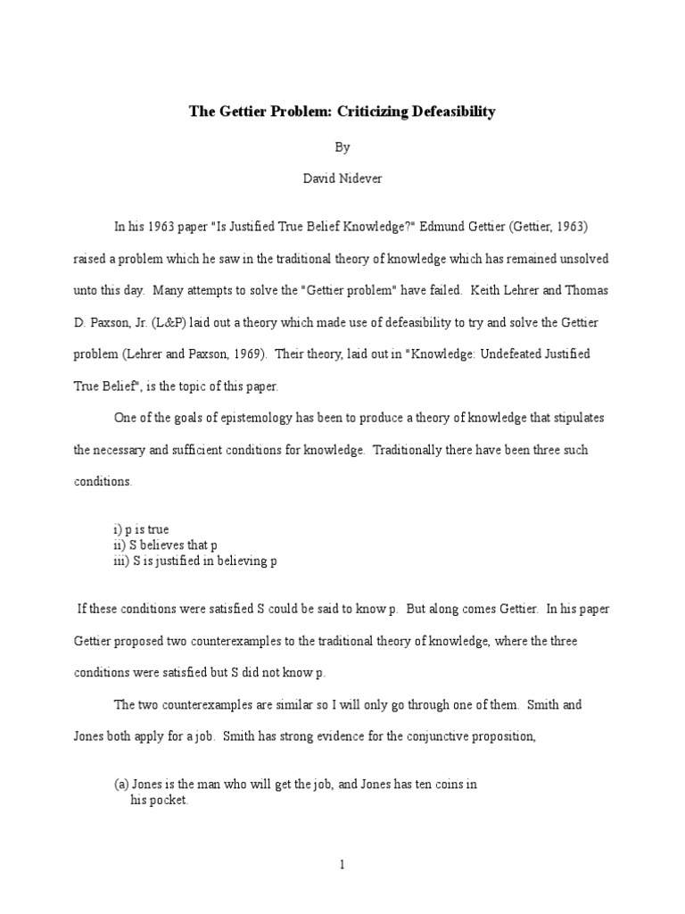 The Gettier Problem - Criticizing Defeasibility | PDF | Theory Of ...