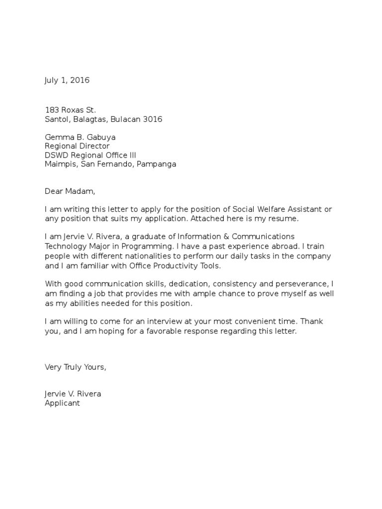 Application Letter For DSWD | PDF