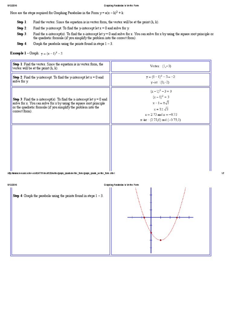 A Step-by-Step Guide to Graphing Parabolas in Vertex Form | PDF ...