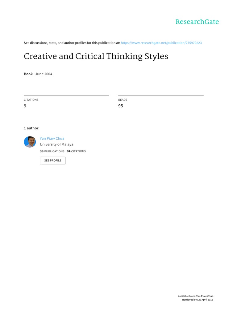 Creative and Critical Thinking Styles PDF | PDF | Critical Thinking ...